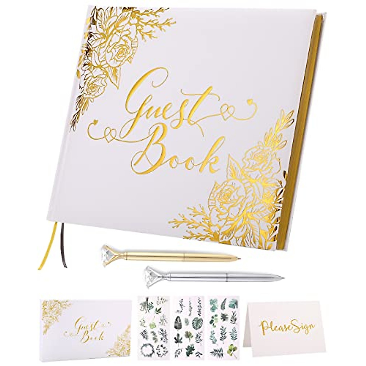 Wedding Guest Book - Guest Book Wedding Reception with Pens - 9x7'' Personalized Wedding Guestbook Photo Album Sign in Book - Gold Foil Hardcover & Gilded Edges, for Weddings, Baby Shower, Party