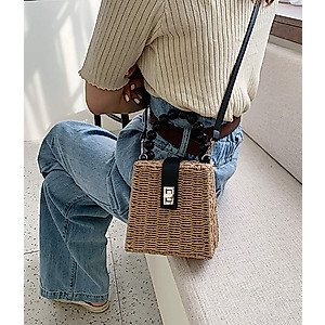QZUnique Straw Bucket Bags for Women Top Handle Drawstring Woven Handbag Shoulder Bag Summer Beach Purses with Bamboo Handle