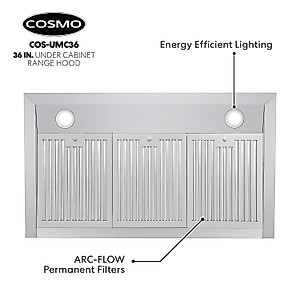 COSMO UMC36 36 in. Ducted Under Cabinet Stainless Steel Range Hood with LED Light, 380 CFM, Permanent Filter, 36 inch