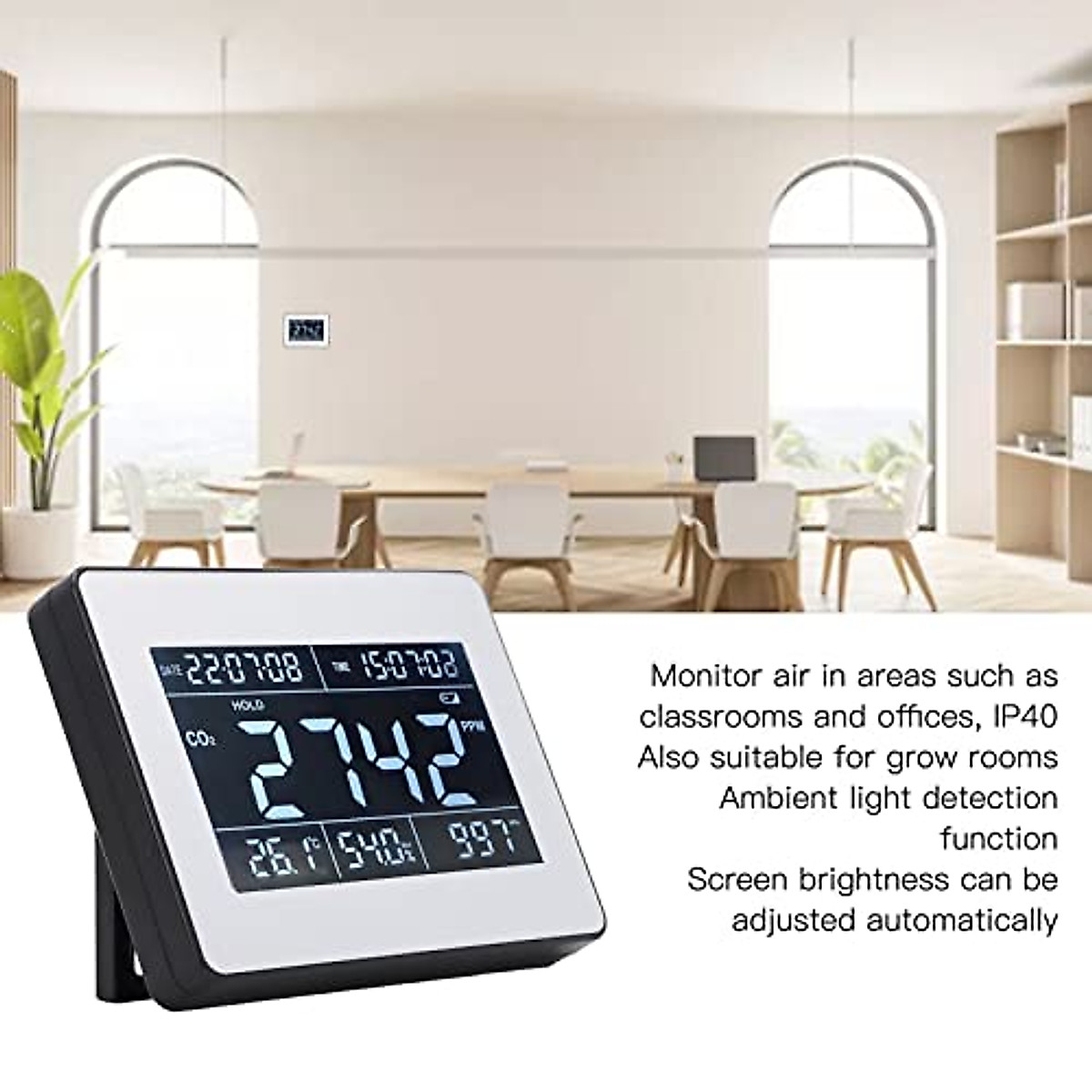 Indoor CO2 Monitor, Historical Data Record 6 in 1 Multifunction Automatic Brightness Adjustment High Accuracy Carbon Dioxide Detector IP40 for Classrooms