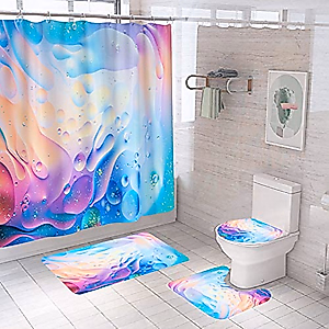 Aiyana 3D Blue Pink Marble Shower Curtain Set Watercolor Rainbow Colorful Bathroom Set Water Drops with Non-Slip Rugs,Toilet Lid Cover and Bath Mat Waterproof for Kids Girls Woman 71"x71"