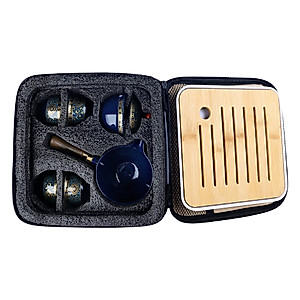 fanquare Porcelain Portable Travel Tea Set, Gold Flower Pattern, 4 Cups, Teapot and Bamboo Tea Tray with Travel Bag, Dark Green