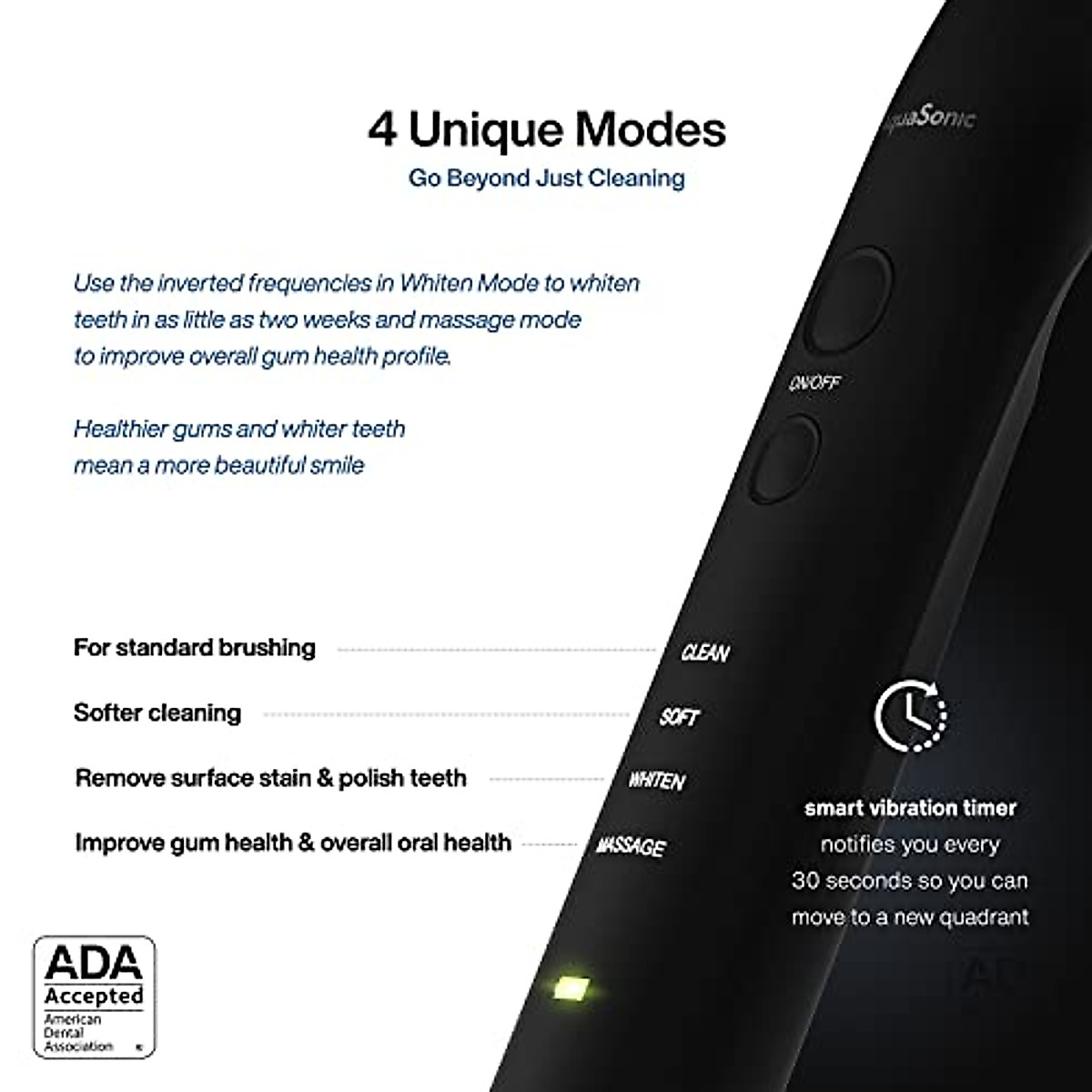 Aquasonic Black Series Ultra Whitening Toothbrush – ADA Accepted Power Toothbrush - 8 Brush Heads & Travel Case – 40,000 VPM Electric Motor & Wireless Charging - 4 Modes w Smart Timer