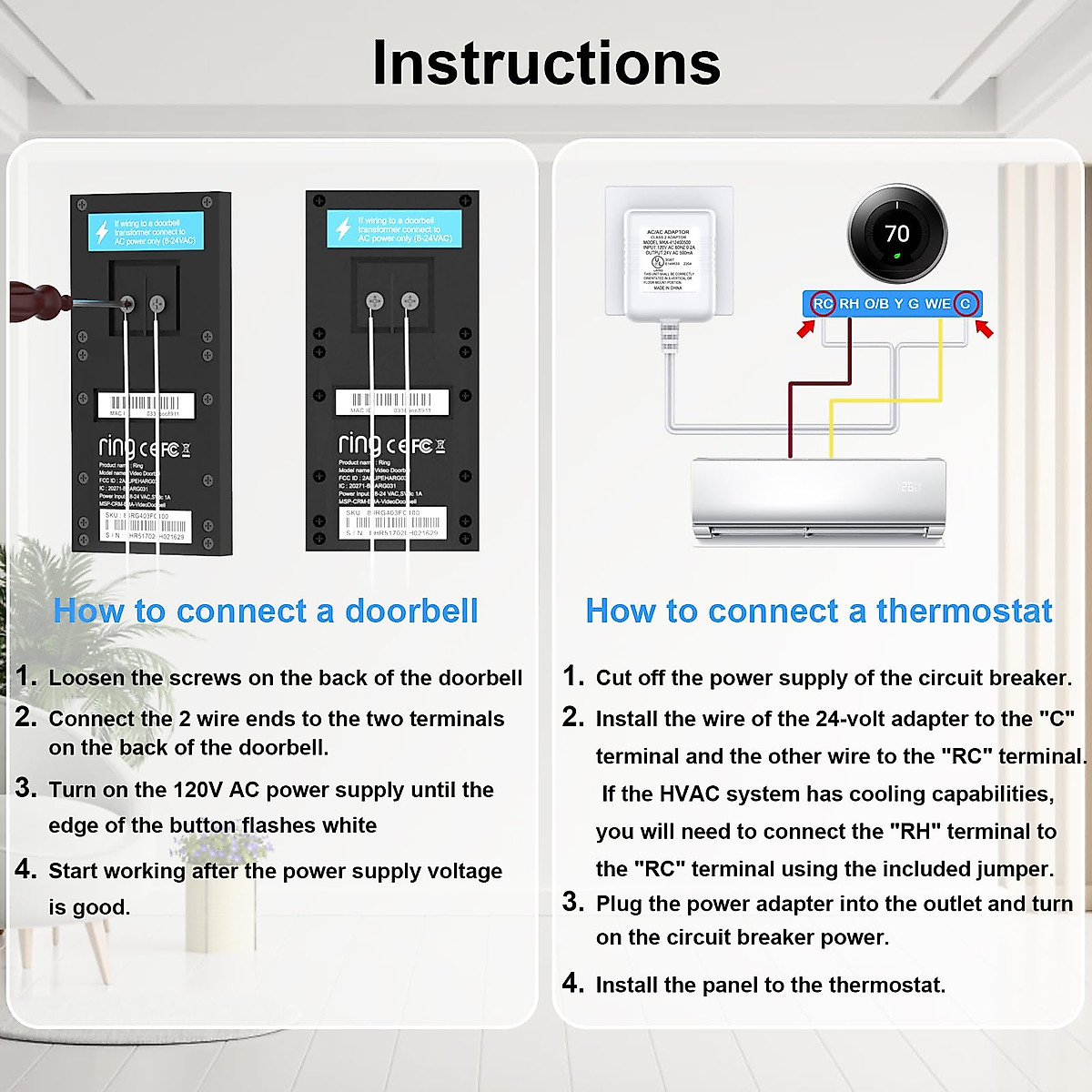 C Wire Adapter Smart Thermostat, 24V Power Supply for Ring Doorbell, Nest, Ecobee, Sensi and Honeywell 26FT Cable