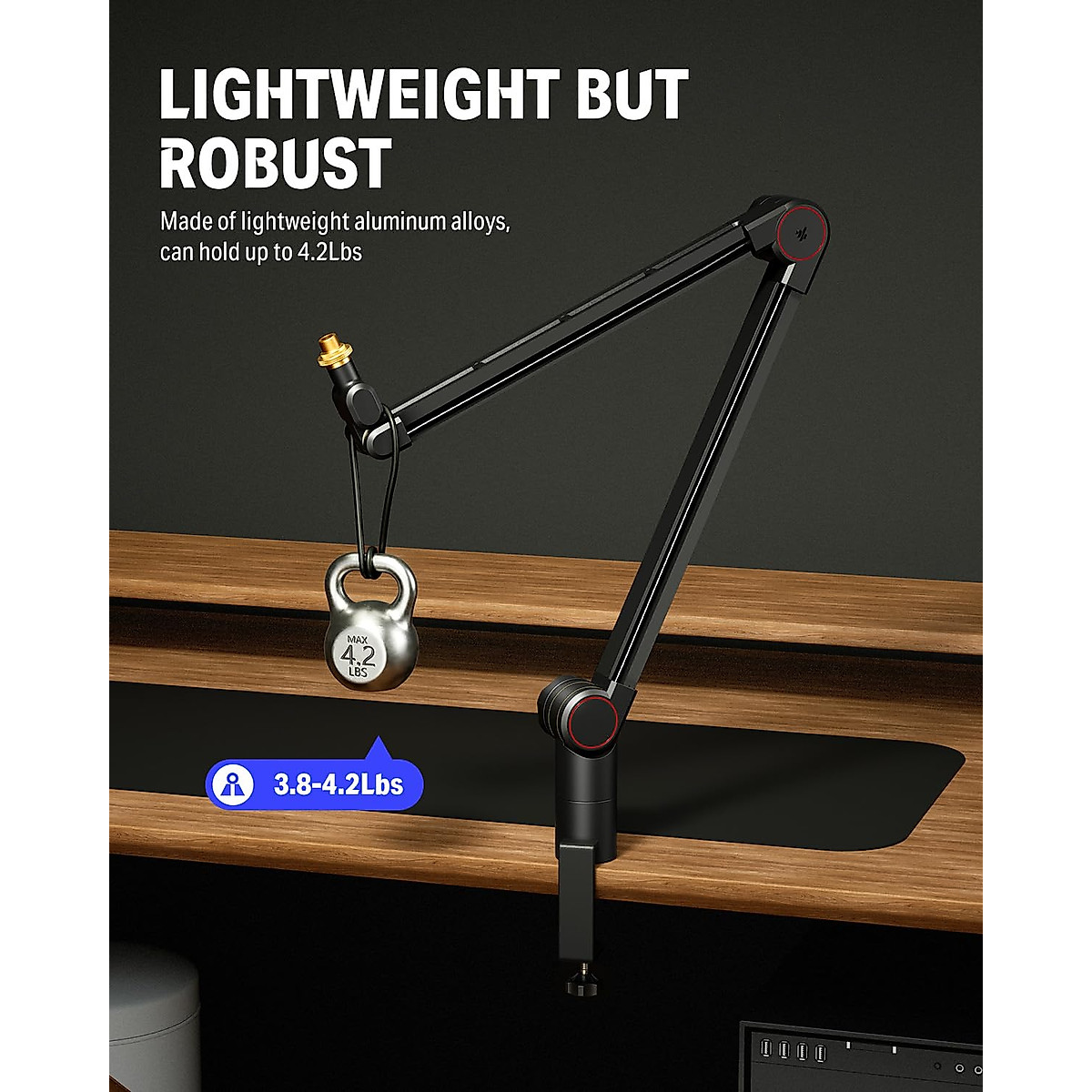 Donner Boom Arm, Adjustable Mic Stand on Desk with 3/8'' to 5/8'' Screw Adapter, Heavy Duty ALU Mic Stand up to 4.2 lbs, Microphone Arm with Cable Management Design for Gaming, Podcast, Recording