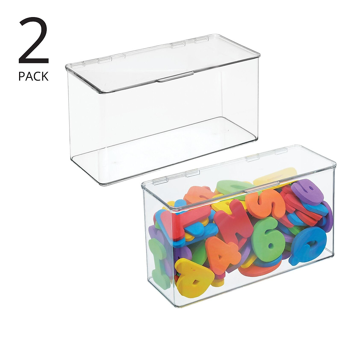 mDesign Plastic Stackable Playroom/Gaming Storage Organizer Bin Box with Hinged Lid for Drawer or Cabinet - Organize Electronics, Crayons, Games, Blocks, Toys, Lumiere Collection - 2 Pack - Clear