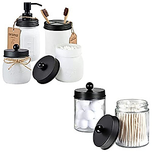 4PC Mason Jar Bathroom Accessories Set —White Retro Mason Jar Lotion Soap Dispenser & 2 Qtip Holder & Toothbrush Holder,Rustic Farmhouse Decor+2 PC Apothecary Jars Bathroom Vanity Organizer,Black