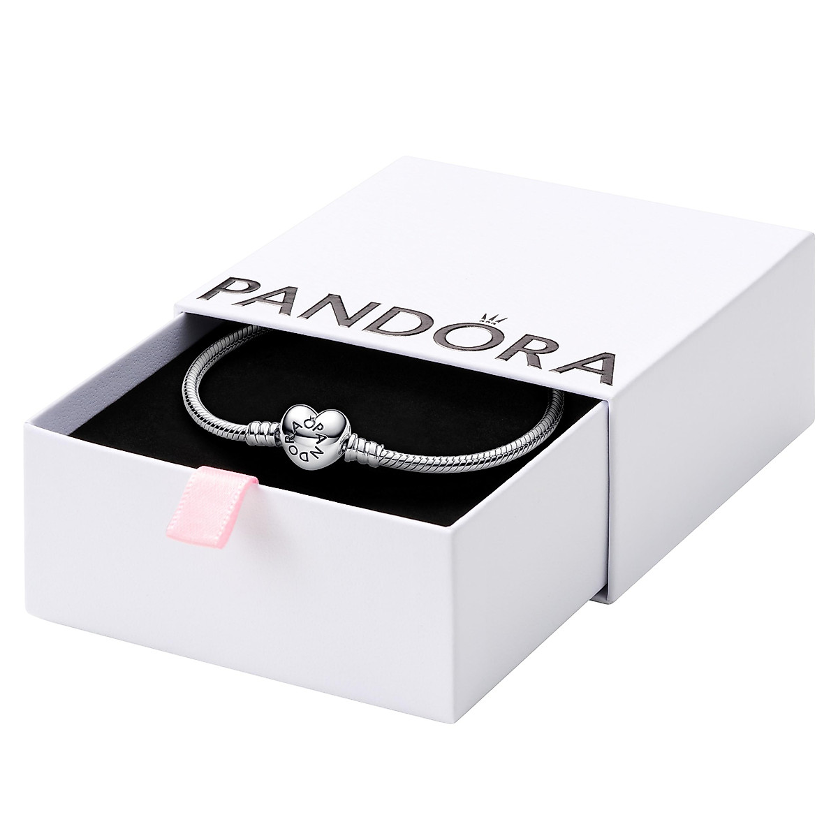 PANDORA Moments Heart Clasp Snake Chain Bracelet - Compatible Moments Charms - Gift for Her - Sterling Silver - With Gift Box - 7.5"
