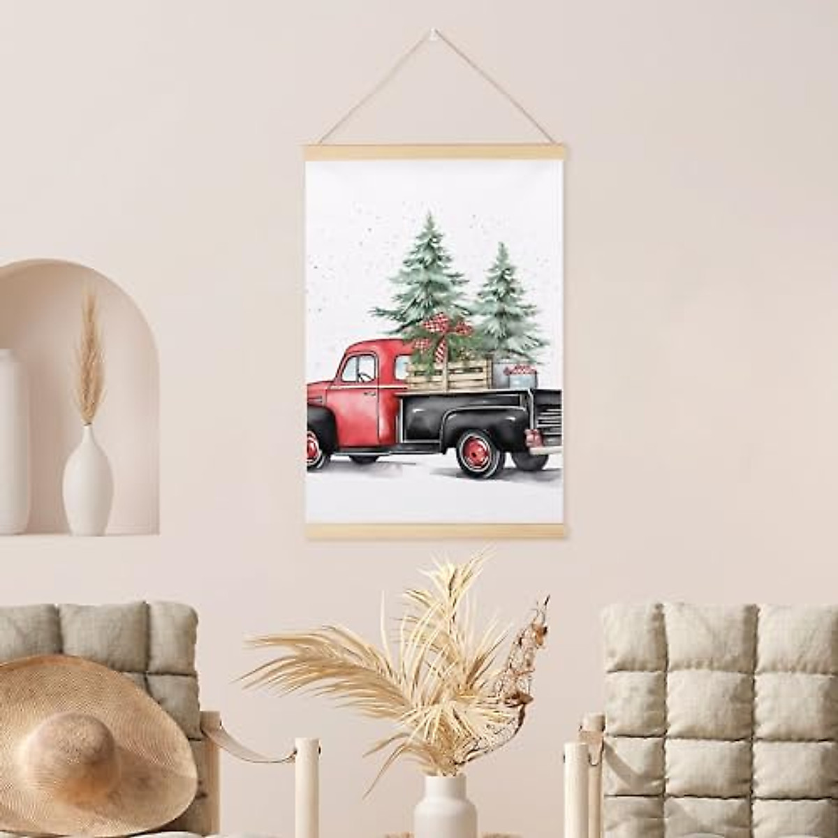 Magnetic Poster Hanger Frame, Red Truck Light Wooden Magnet Frame Hanger for Posters, Prints, Photos, Pictures, Maps, Scrolls, And Canvas Artwork, Christmas Decoration Wall Hanging Kit
