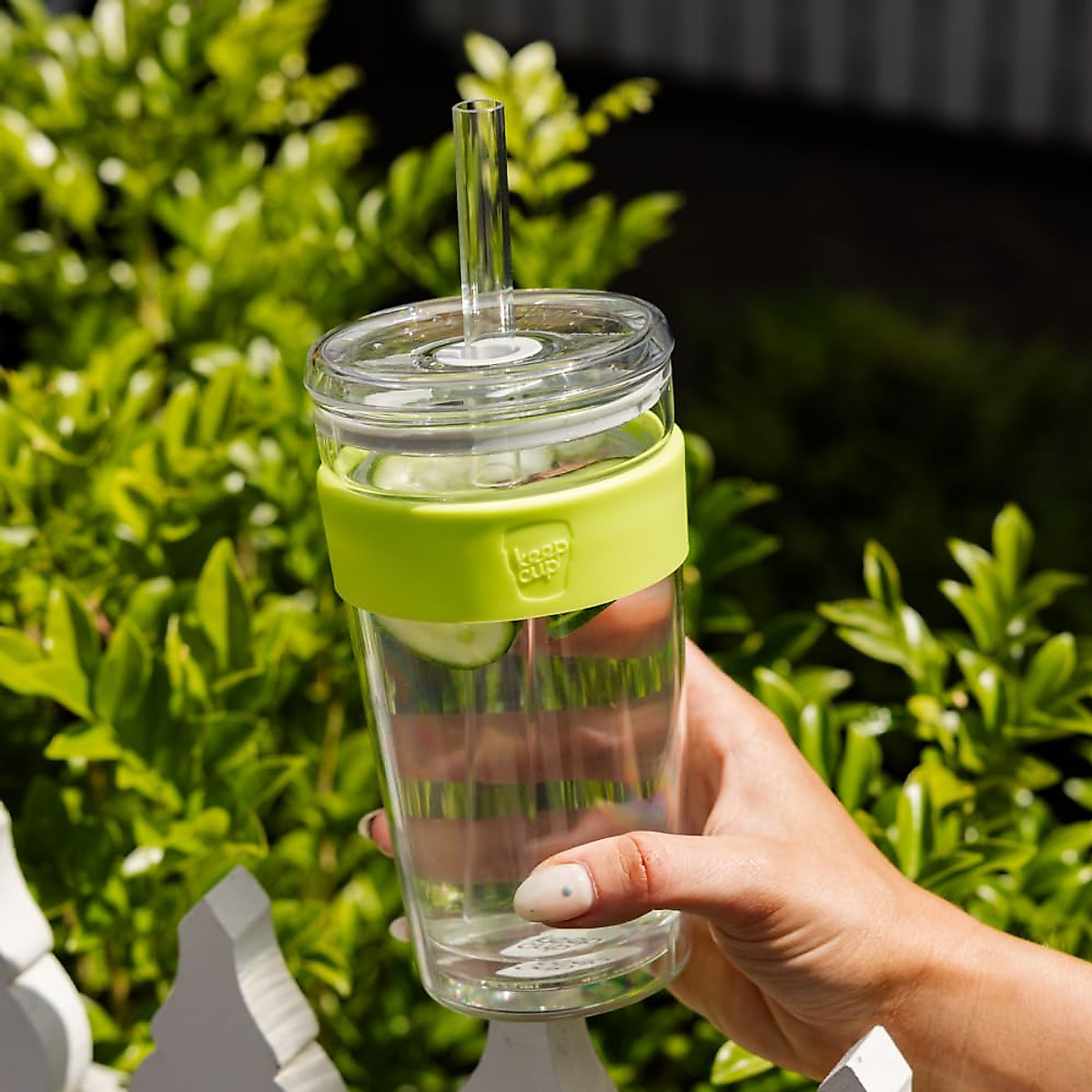 KeepCup Cold Cup - Longplay Double wall Glass Ice Coffee Tumbler with Lid and Straw - 16oz (454ml) - Chartreuse Green