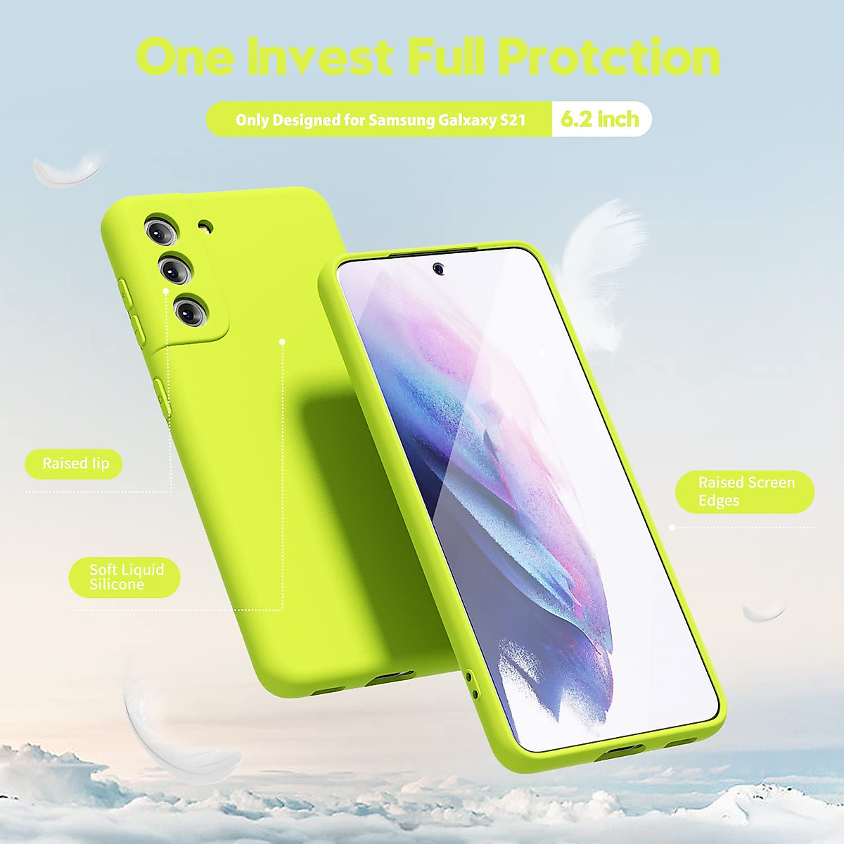 oakxco for Samsung Galaxy S21 Phone Case Liquid Silicone, Fluorescent Bright Solid Color, Cute Thin Slim Soft Rubber TPU Smooth Gel Matte Protective Cover for Women Girl Aesthetic, Lime Neon Green