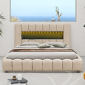 BIADNBZ Queen Size Platform Bed with LED Headboard and Storage Underneath, Upholstered Bedframe w/Built-in Shelf & USB, for Bedroom Guest Room, Beige