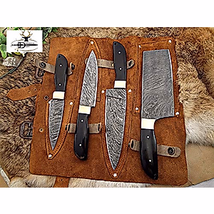 4 Pieces Chef Knives Set, Slicer, Chef, Cleaver Overall 37 inches Full Tang Hand Forged Damascus Steel Blade, Custom Made Leather Sheath