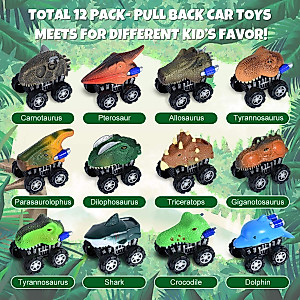 Dinosaur Pull Back Cars for Kids 12 Pack, Dino Toy Cars Creative Gifts for Toddlers, Birthday Party Toys for 6-8 Boys and Girl (12PCS-1)