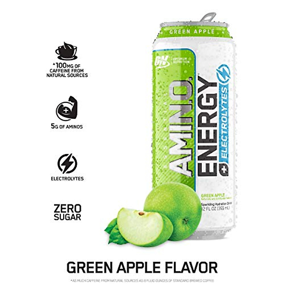 Optimum Nutrition Amino Energy Drink Plus Electrolytes for Hydration, Sugar Free, Caffeine for Pre-Workout Energy and Amino Acids / BCAAs for Post-Workout Recovery - Green Apple, 12 Fl Oz (Pack of 12)