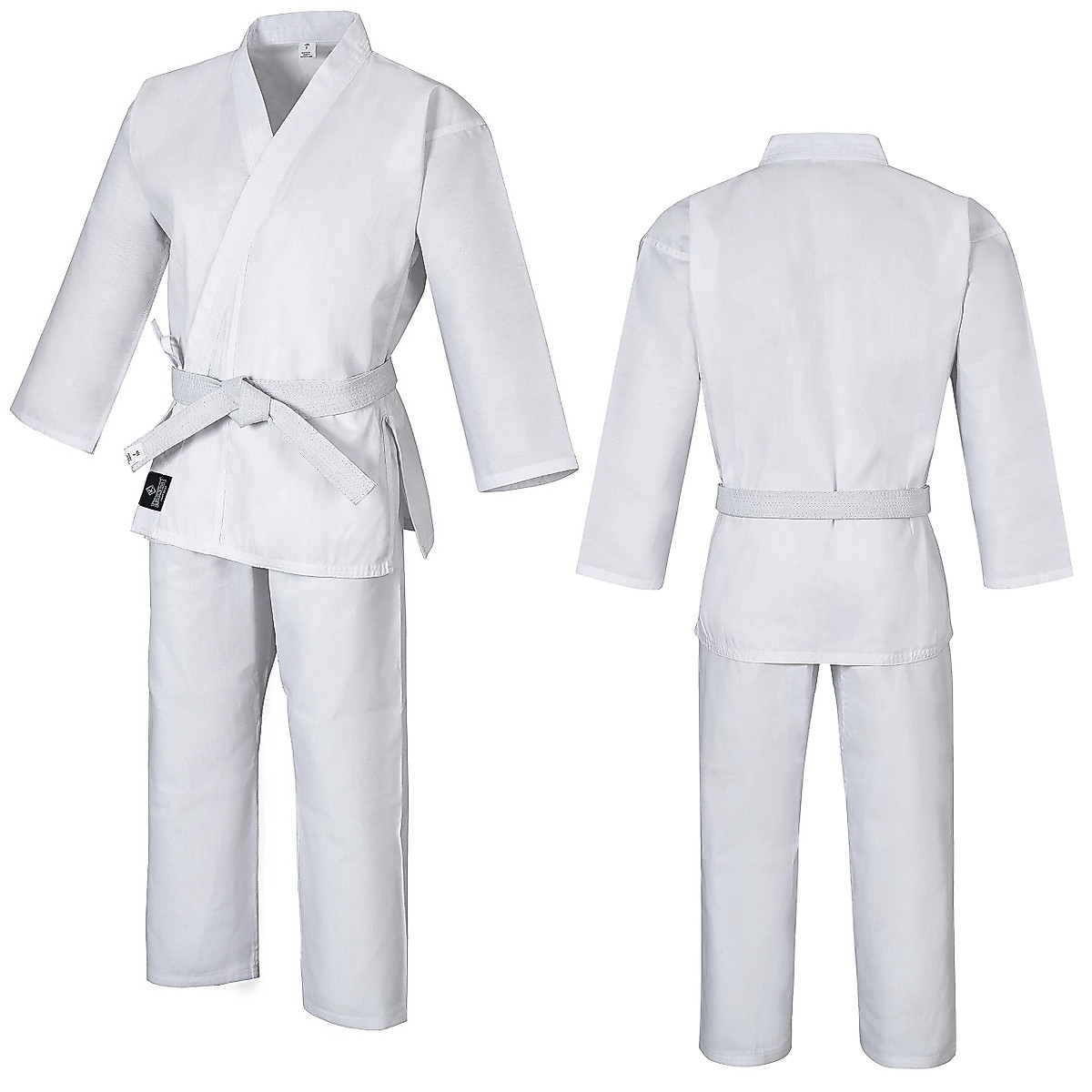 Knockout Fight Gear Karate Gi Kids & Adults Medium Weight Martial Arts Uniform Student Karate Gear With Free White Belt (White, 00 (3'9"-4'/50 lbs))