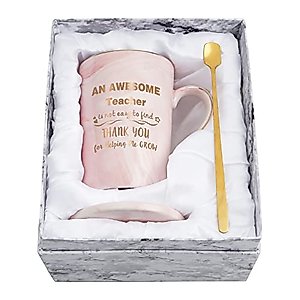 Teacher Coffee Mug, Teacher Gifts for Women, An Awesome Teacher is Not Easy to Find, Thank You, Teacher Appreciation Day, Teacher Mugs for Women Marble Mug with Box Spoon Coaster 14Oz Pink