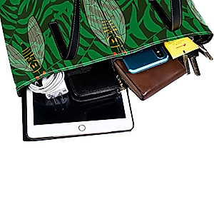 Large Leather Handbags for Women Cicada Insect with Green Forest Leaves Background Top Handle Shoulder Satchel Hobo Bag