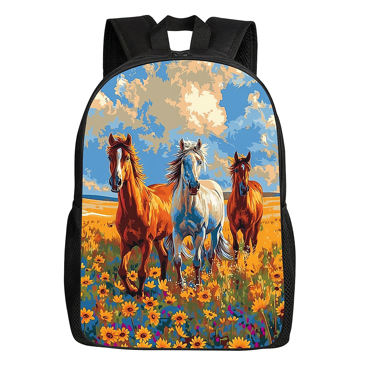 UIACOM Horse Backpack Three Horses with Yellow Floral Flower Bookbag for Teens Kids Boys Girls, Large 17 inch Elementary Junior High University School Bag, Beautiful Horse Art