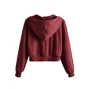 Verdusa Women's Long Sleeve Drop Shoulder Drawstring Crop Hoodie Sweatshirt Wine Red M