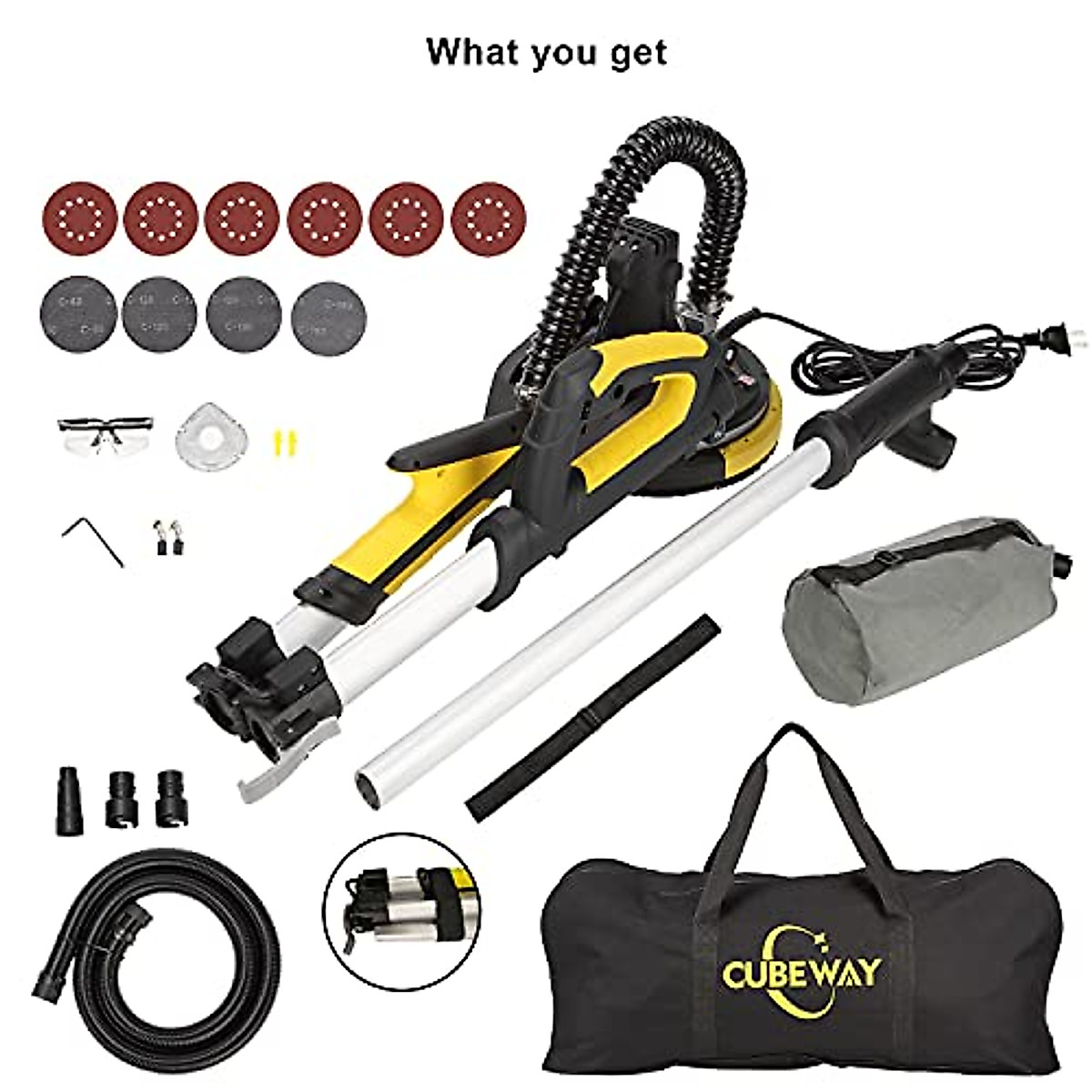 Drywall Sander with Vacuum, Labor-Saving Handle and Unique Fixture for Ceiling Sanding, Electric Drywall Sander with LED Light, ETL Listed, CUBEWAY