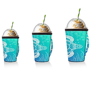 Reusable Iced Coffee Sleeves Sea Turtle Animals Neoprene Cup Sleeve with Handle Insulator Sleeve For Cold Drinks Beverages 30-32oz