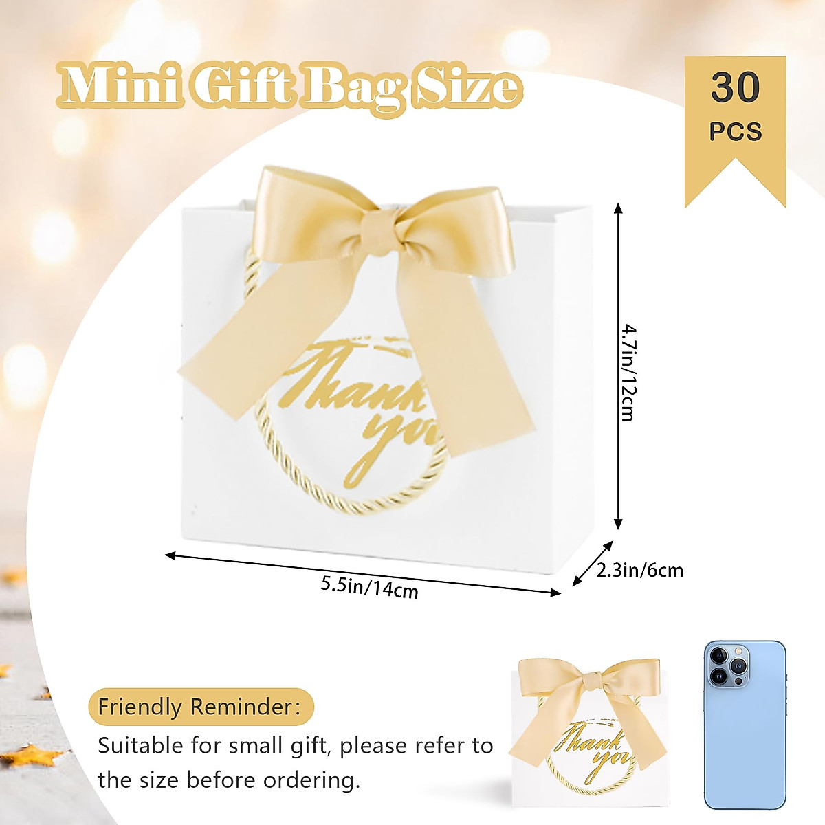 SHAIDOJIO 30Pack Small Thank You Gift Bags with Handle, Mini White Gift Bags Candy Bags Bulk with Bow Ribbon, Party Favor Bag for Wedding, Birthday, Bridal Shower, Baby Shower (5.5x2.5x4.7 Inch)