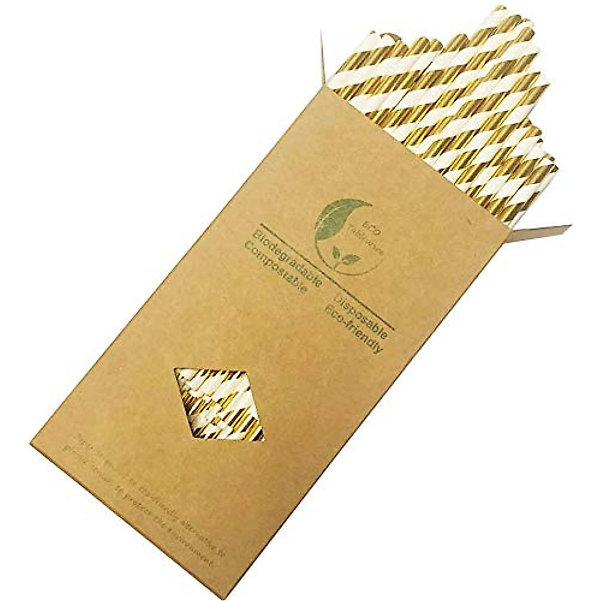 Shining Gold Striped Paper Straws, 100Percent Biodegradable Decorate Straws, Premium Cocktails Straws for Drinking, Juice, Smoothie Packed 100, 6x197mm