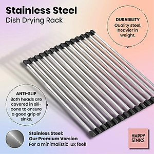 Happy Sinks Roll Up Dish Drying Rack - Foldable Stainless Design for Maximizing Kitchen Space - Over Sink Rack - Stainless Steel Over Sink Dish Drainer 18.1" x 12.6" - Drying Rack Kitchen (Steel)