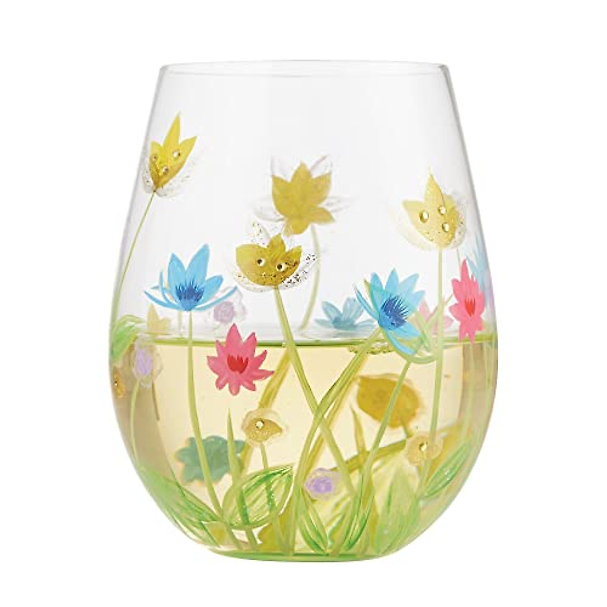 Enesco Designs by Lolita Field of Dreams Floral Hand-Painted Artisan Stemless Wine Glass, 20 Ounce, Multicolor