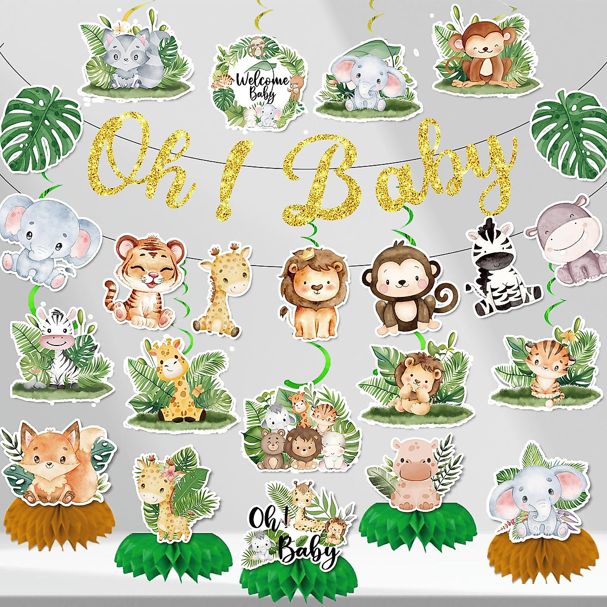 LARRAZABAL Jungle Wild Animal Baby Shower Decorations, NO-DIY Animals Banner, Hanging Swirls and Honeycomb Centerpieces, Wild Safari Baby Shower Decorations