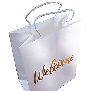 Wedding Welcome Bags - 24 Piece Elegant Wedding Gift Bags with Word ‘’Welcome’’ Embossed in Gold Foil Letters - 4.75" x 8" x 10.25" Inches - White (Pack of 24)