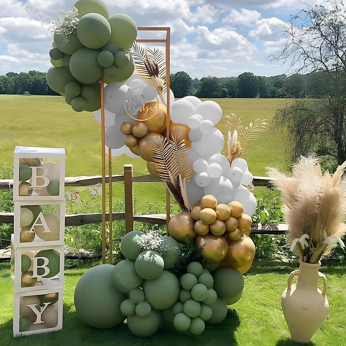 Baby Shower Decorations for Boy Girl - 183pcs Sage Green Balloon Arch Kit and Baby Boxes with Letters for Baby Shower Birthday Jungle Safari Dinosaur Party Supplies