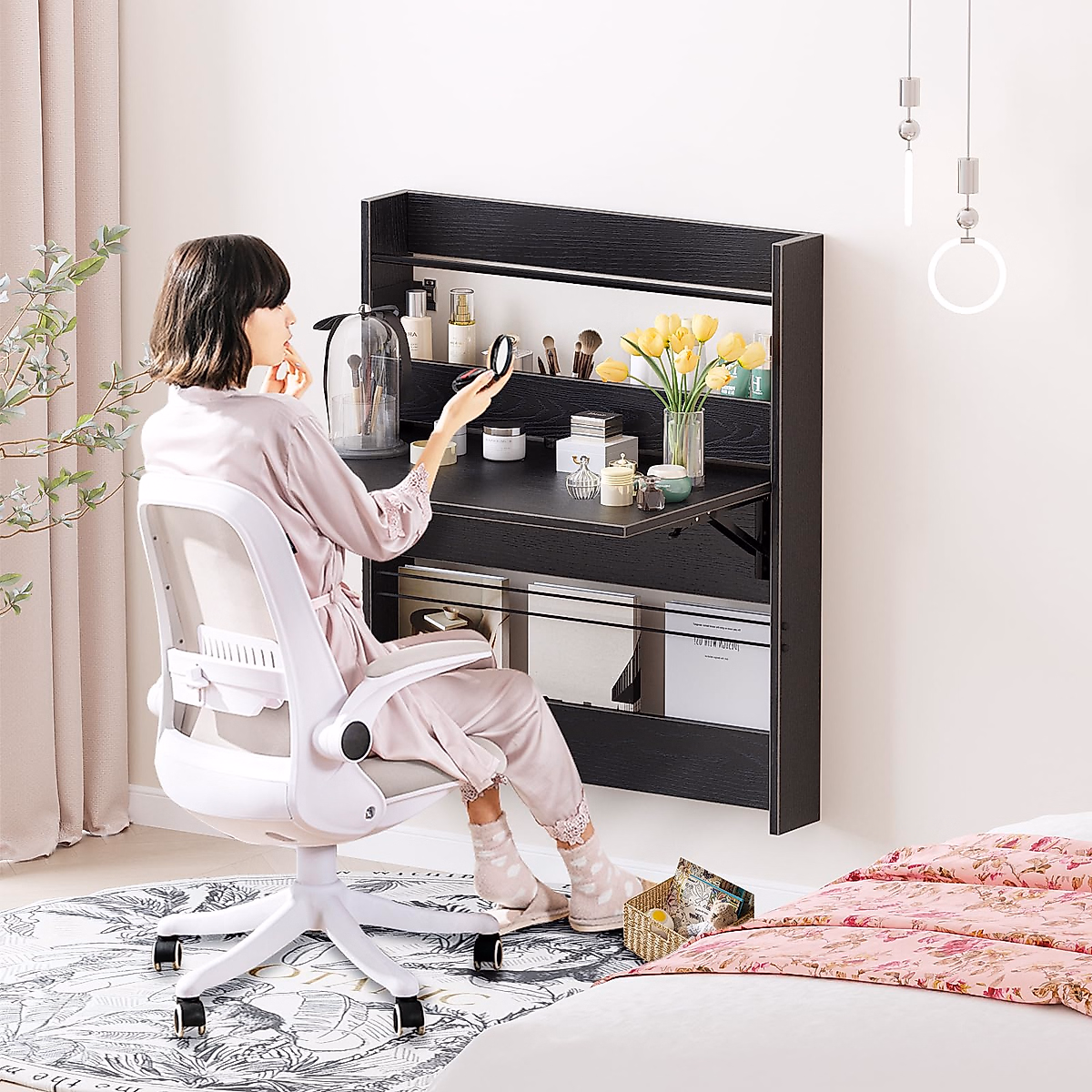 MULKGLOBAL Wall Mounted Desk Folding Wall Table Floating Desk Space Saving Wall Desk with Storage Shelf Study Writing Table,Black