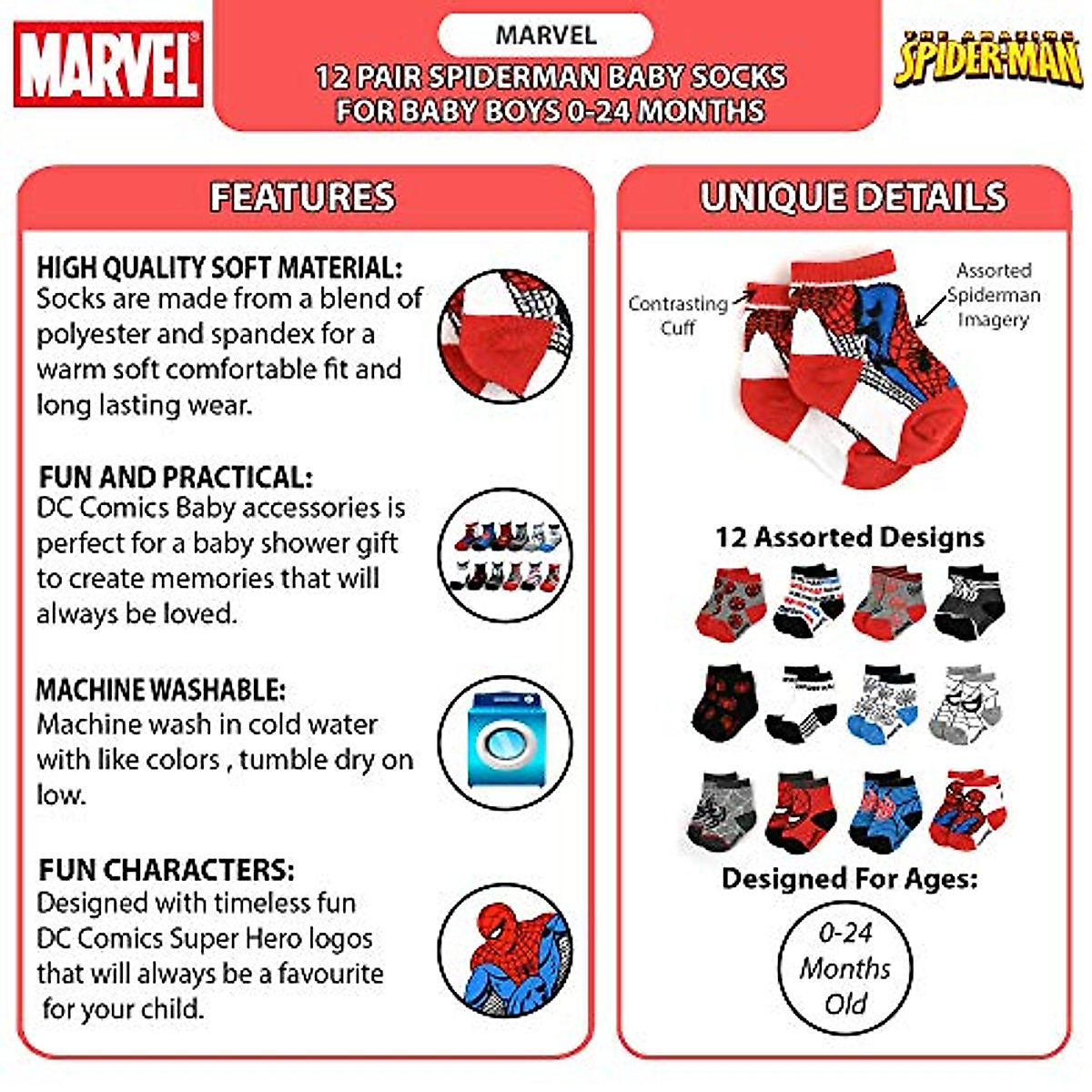 Marvel’s Spider-Man Baby Boys 12 Pack Sock Set (Newborn/Infant) 6-12 months