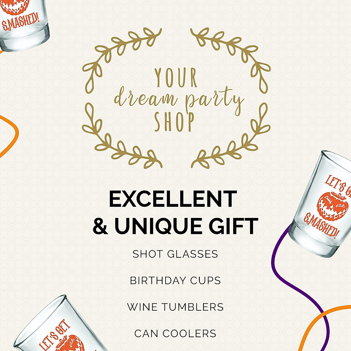 Let's Get Smashed Halloween Shot Glasses - Set of 12 Glass Decor Cups, Double Sided Print - Clear Decorative Drinking Glassware for Tequila, Vodka, Liquor Drinks - Barware for Themed Party (Orange)