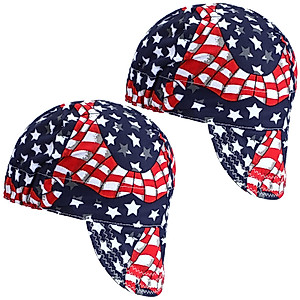 2 Pcs Welding Cap Flame Resistant Cotton Welding Hat Mesh Inside Liner for Welders Caps Elastic Low Crown for Welder Electrician Gas Station Matched with Most Welding Helmet (Flag Style)