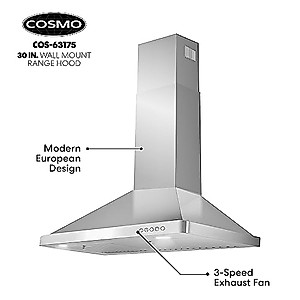 COSMO 63175 30 in. Wall Mount Range Hood with 380 CFM, Ducted, 3-Speed Fan, Permanent Filters, LED Lights, Chimney Style Over Stove Vent in Stainless Steel
