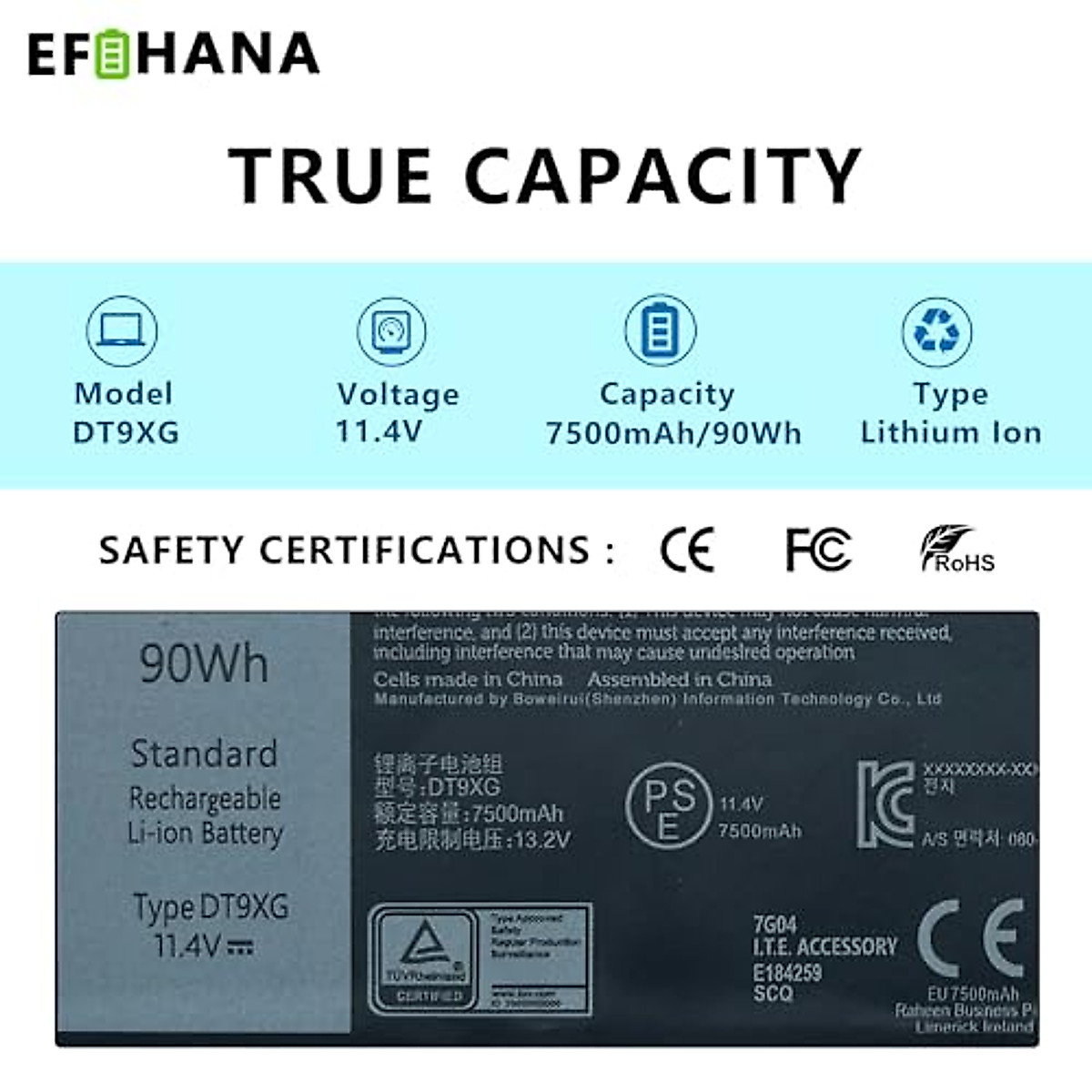 EFOHANA DT9XG 90Wh 6-Cell Laptop Battery Replacement for Dell Alienware Area-51m R1 R2 ALWA51M-D1968W D1969PW D1766W D1733B D1746WD1748DW D1735DB D1733PB Series 07PWKV 0KJYFY 11.4V