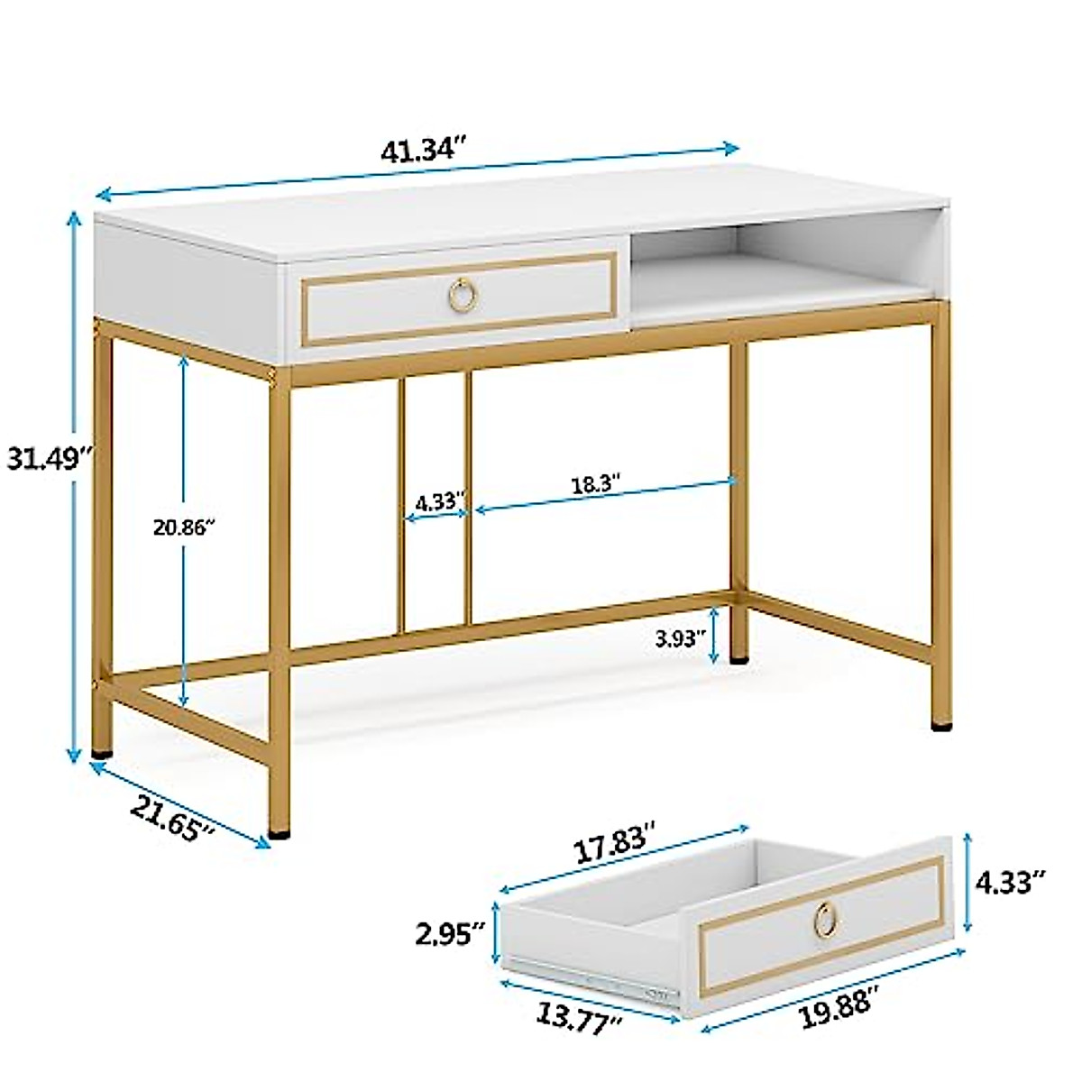 Tribesigns Computer Desk with 2 Drawers, 41.34” Modern Simple White and Gold Writing Desk with Storage Drawers, Makeup Vanity Console Table Study Desk for Home Office