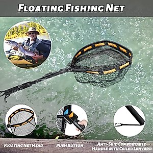 PLUSINNO Floating Fishing Net, Rubber Coated Fish net for Easy Catch and Release, Fishing Nets Freshwater for Bass, Trout, Walleye, Kayak, Folding Landing Net for Easy to Carry and Storage