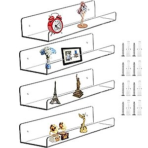 Ashwath 4 Pack Clear Acrylic Floating Shelves, 15" Invisible Floating Wall Ledge, Bookshelf, Wall Shelves for Collectables, Makeup, Spice, Display Organizer for Bathroom, Kitchen, Bedroom