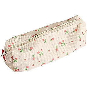 Pink Strawberries Women Fresh Style Pencil Bag Flower Floral Canvas Large Pen Pencil Pouch Bag Pencil Case Pen Holder Coin Pouch, Simple Cosmetic Storage Bags Makeup Bag Office Stationery Organizer