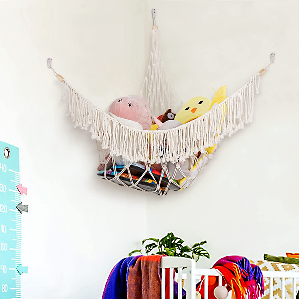 64.6" x 64.6" x 44.9" Boho Stuffed Animal Toy Corner Hammock- Large Size Macrame Toy Hammock with 3pcs Non-Trace Nails Hanging Toy Organizer Storage Net for Kids Bedroom Nursery Play Room