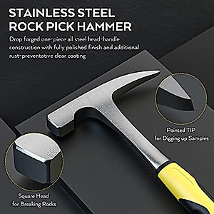 INCLY 5 PCS Geology Rock Pick Equipment Kit, 32 oz. Rock Hammer with 12" Mason Concrete Chisel, Safety Glasses, Whistle, jewelers loupe, Tool Set for Hounding,Gold Mining & Prospecting, Stone Breaking