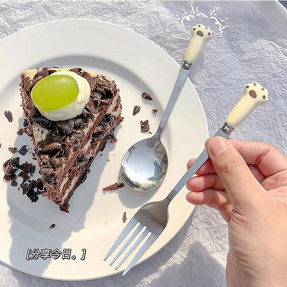 Cute Rabbit Dinnerware Set Ceramics Handle Stainless Steel Dessert Fork Animal Coffee Spoon Ice Cream Spoon (White Rabbit)