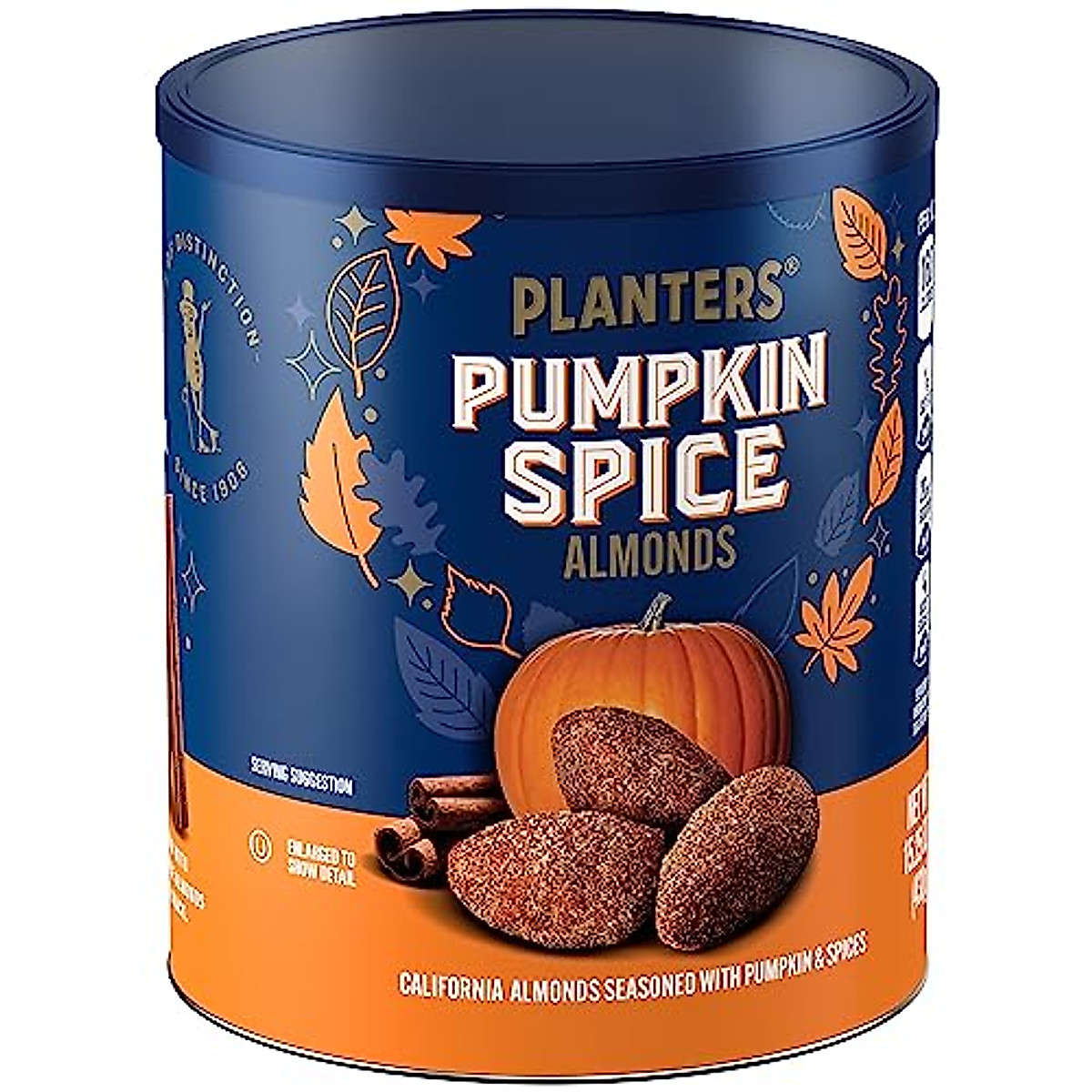 PLANTERS Fall Edition Pumpkin Spice Almonds, Pumpkin Spice Snacks, Cooking & Baking Nuts & Seeds, Flavored Almonds, Seasonal Nuts, Fall Party Snacks, Plant-Based Protein, 15.25 oz Canister