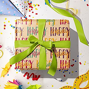 ZINTBIAL Kraft Birthday Wrapping Paper for Kids Adults - Brown Gift Wrap with Cakes, Rainbow Stripes, Stars, and "Happy Birthday" Design - 20 x 29 Inches per Sheet (8 Sheets 33 sq. ft.) Recyclable, Easy to Store, Not Rolled