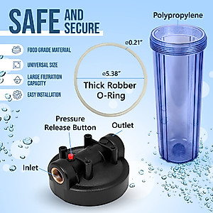 High Capacity 20 x 4.5-Inches Transparent Whole House Water Filter Purifier System with Presser Relief Button, 1” Inlet/Outlet Brass Port & Yearly Supply (4) Polypropylene Sediment Cartridges 5 Micron