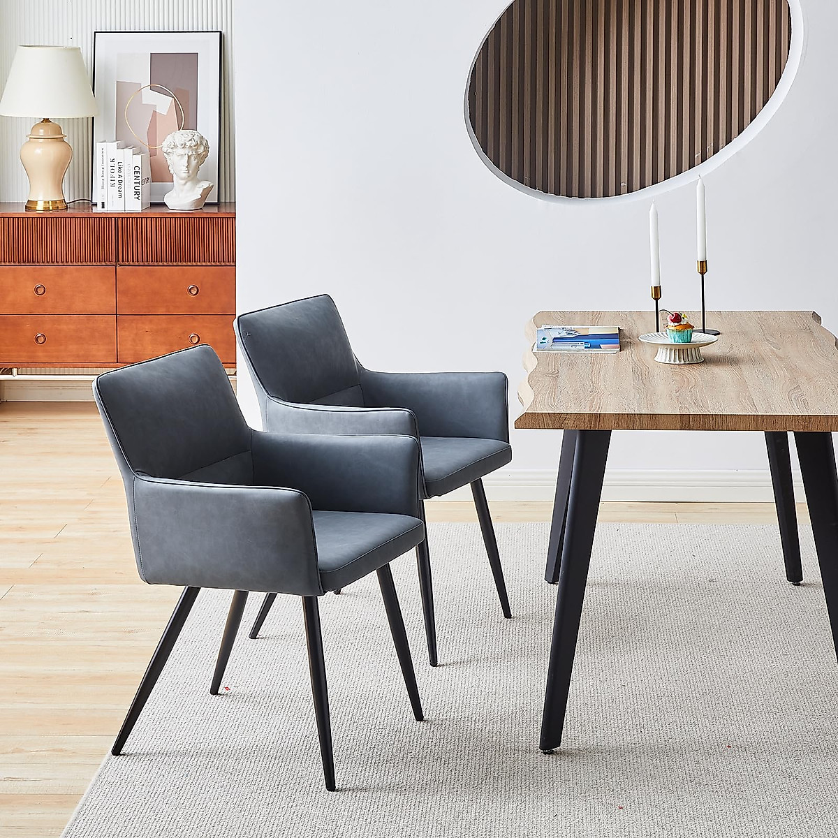 TUKAILAi Leisure Dining Chairs Set of 2, Faux Leather Upholstered Seat Kitchen Chairs with Armrests, Backrest and Metal Legs, Comfy Accent Lounge Chair for Reception Room Living Room (Blue)